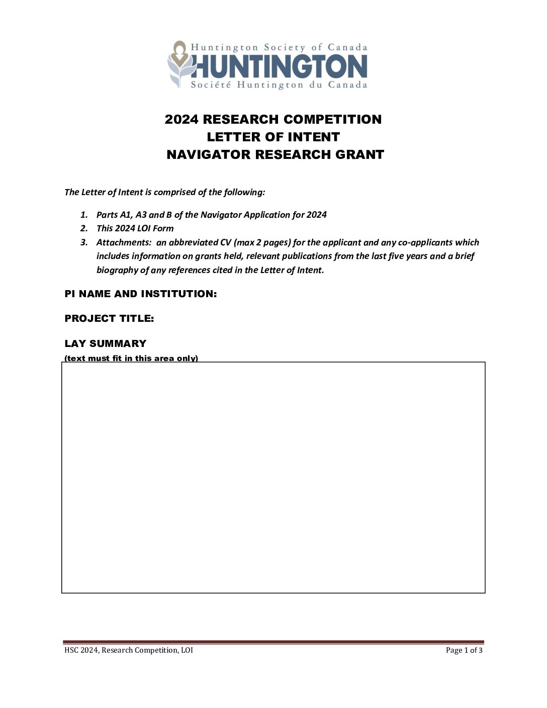 LOI FORM 2024 | Huntington Society of Canada