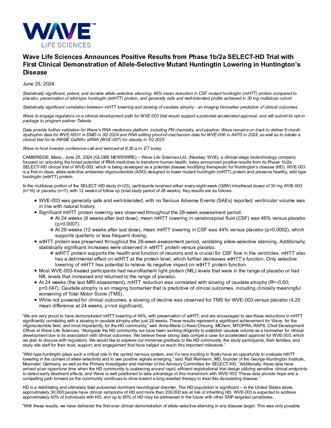 Wave Life Sciences Announces Positive Results from Phase 1b_2a SELECT ...